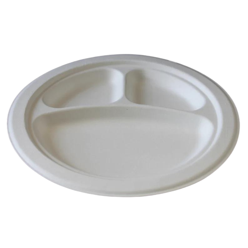 10" ECO BIODEGRADABLE BAGASSE PLATES THREE COMPARTMENT - 500CT – PAK ONE