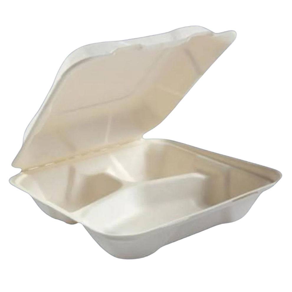9" x 9"x 3" ECO BIODEGRADABLE BAGASSE THREE COMPARTMENT HINGED CONTAIN ...